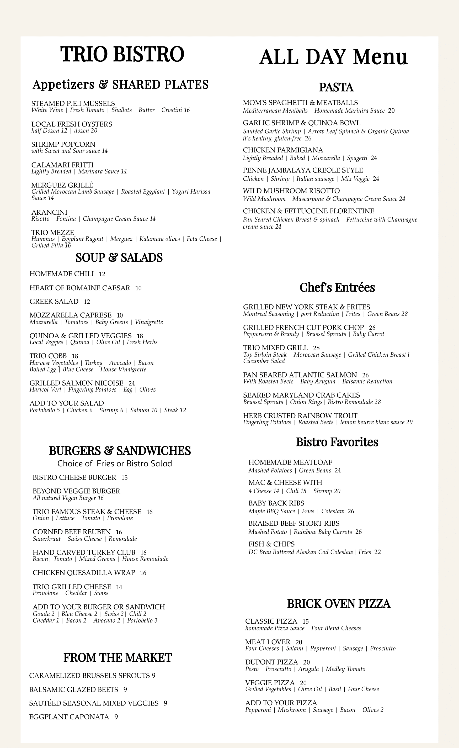 Dinner Menu 2023 - Trio Bistro DC