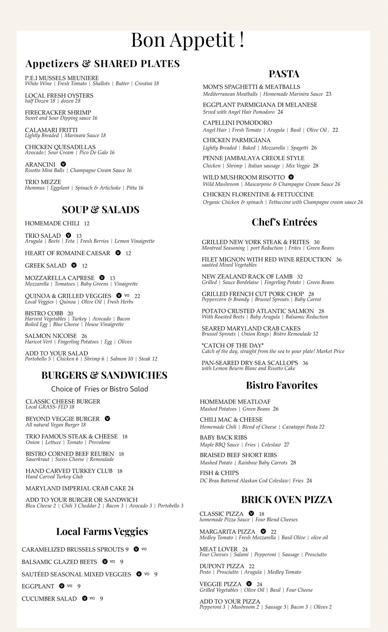 Dinner Menu - Trio Bistro DC